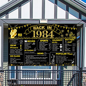 DARUNAXY 40th Birthday Black Gold Party Decoration, Back in 1984 Banner 40 Year Old Birthday Party Poster Supplies Vintage 1984 Backdrop Photography Background for Men & Women 40th Class Reunion Decor