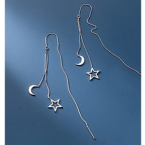 Reffeer Solid 925 Sterling Silver Moon Star Threader Dangle Earrings Chain for Women Teen Girls Long Dangle Earrings Tassel Chain (A-Silver)