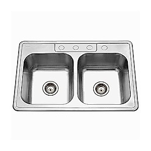 HOUZER 3322-9BS4-1 Stainless Steel Glowtone Double Bowl Drop Sink, 33-by-22-by-9-Inch, 9 Inch Depth / 18 Inch Gauge-4 Holes