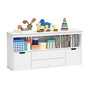 Timy Toy Storage Organizer with 2 Drawers, Wooden Toy Organizer Bins, Kids Bookshelf for Reading, Storing, Playing, White