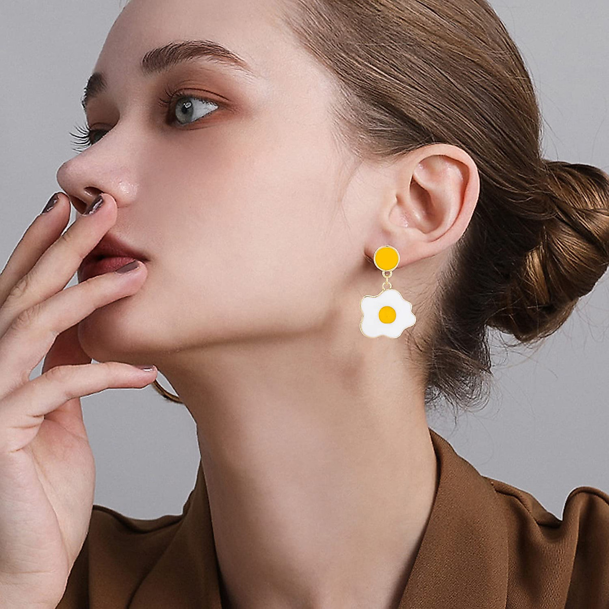 TIANBANGSHI Chic Funny 18k Gold Plated Enamel Fried Egg Stud Earring Cute Poached Egg Dangle Drop Earrings for Women Lover Kitchen Cooking Statement Jewelry Gifts (poached egg)