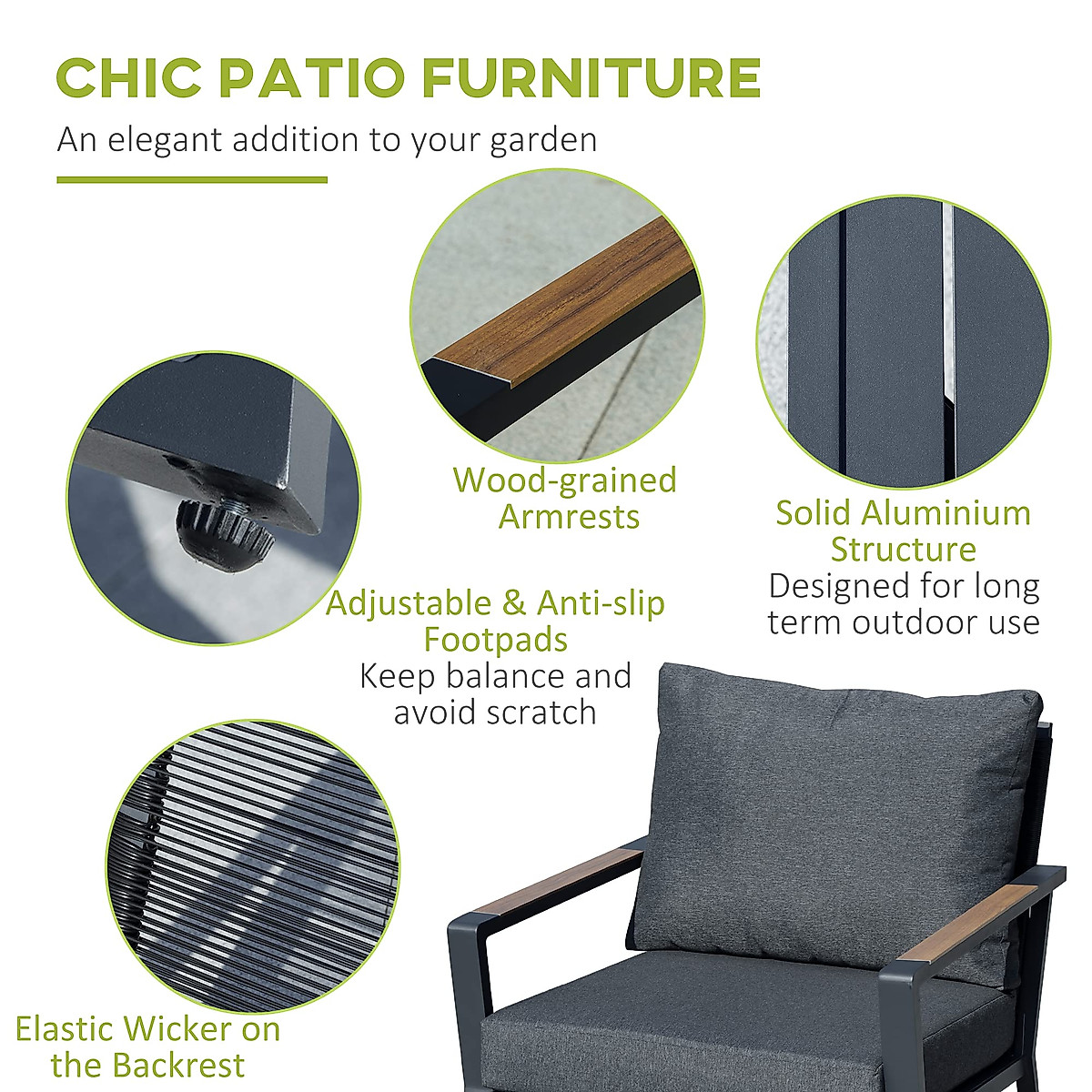 Outsunny 4 Piece Patio Furniture Set, Aluminum Conversation Set, Outdoor Garden Sofa Set with Armchairs, Loveseat, Center Coffee Table and Cushions, Dark Grey