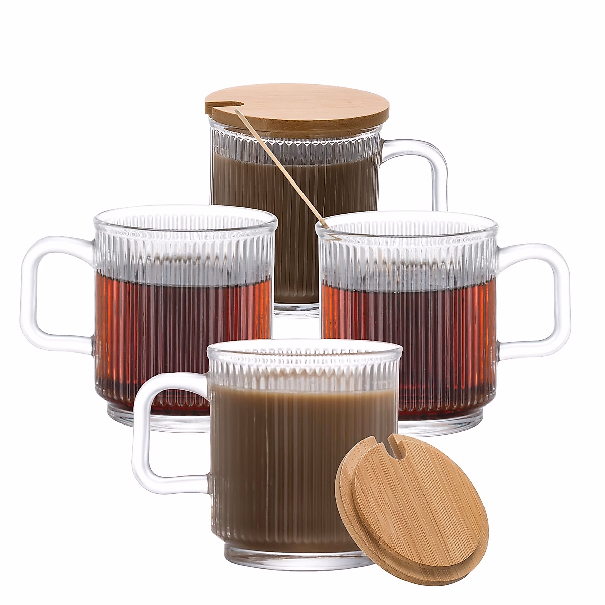 HUAHANGNA Vintage Coffee Glass Mugs for Beverage - Ribbed Short Latte Cups Set of 4, Clear Tea Cup with Bamboo Lid and Spoon, Dessert, Pudding, Ice Cream, Yogurt, Cappuccino, Espresso cup
