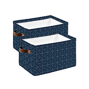 Large Storage Baskets Bins 2 Pack Boho Navy Blue Collapsible Storage Box Laundry Organizer for Closet Shelf Nursery Kids Bedroom Watercolor Bohemia Ethnic Geometric