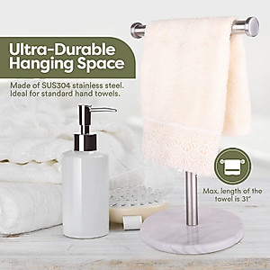 Homeries Marble Hand Towel Holder - Stainless Steel Towel Stand with Round Marble Base - Modern T-Shape Hand Towel Valet for Bathroom, Vanity Top Towel Stand, Counter Towel Bar, Jewelry Rack