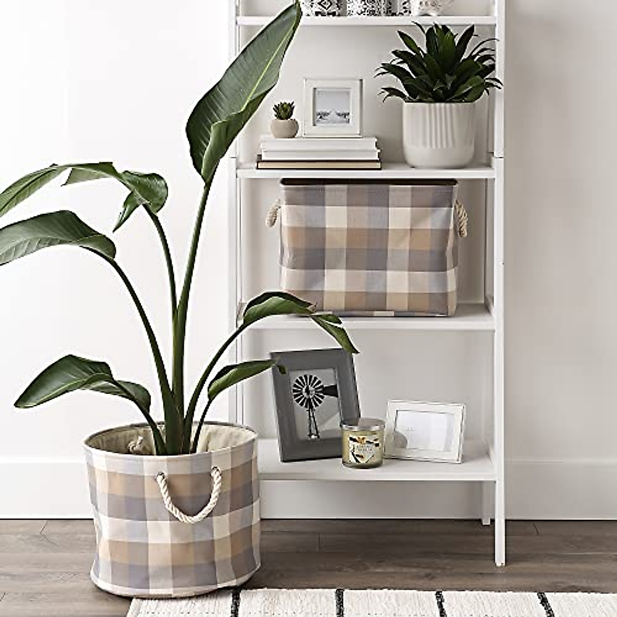 DII Buffalo Check Storage Collection Collapsible Bin with Handles, Medium Rectangle, 16x10x12, Tri Color Stone