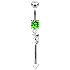 Light Green CZ Crystal Gemstone Stylish Plain Arrow Dangling 925 Sterling Silver Belly Ring Body Jewelry