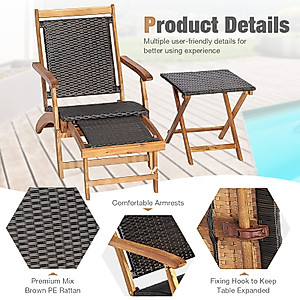 RELAX4LIFE Patio Lounge Chair Set - Outdoor Acacia Wood Chaise Lounge w/Side Table, Armrest & Retractable Ottoman, Rattan Seat, Tabletop, Quick Folding Sunbathing Chair for Backyard, Poolside (2)