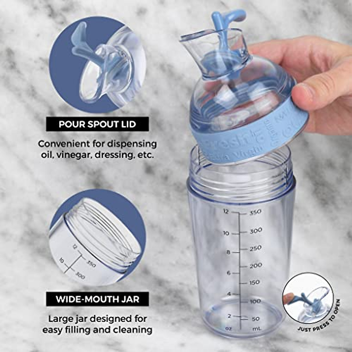 Salad Dressing Shaker For Mixing Ranch And Sauce, One Hand, Leak Proof, Spout Lid for Pouring And Measurement Marks With Good Grip Rubber, Italian Dressing Shaker, And Oil And Vinegar Dispenser - 12oz