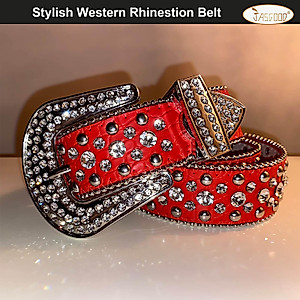 JASGOOD Rhinestone Belt for Women and Men, Western Cowgirl Cowboy Bling Studded Leather Belt Rhinestone Belt for Jeans Pants Dress, C-Red, Suit Pants Size 28”-33”