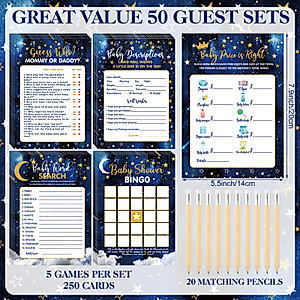 Patelai 321 Pcs Baby Shower Games Supplies, 5 Sets (50 Cards Each) Activities Cards with 20 Pencils 1 Don't Say Baby Sign 50 Clothespin(Twinkle Little Star)