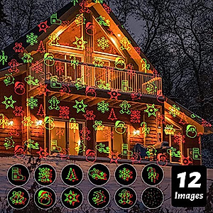 Christmas Projector Lights Outdoor, Waterproof Christmas Laser Lights with Remote Control Landscape Spotlight 12 Patterns Dynamic Static Display for Holiday Party House Garden Yard Decorations