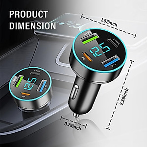 Car Charger,4-in-1 Super Fast Car Charger Adapter with Voltmeter & Blue LED,Universal PD+QC3.0+USB C Ports Car Cigarette Lighter USB Charger Compatible with iPhone Android (QC3.0+Type-C+PD+2.4A)