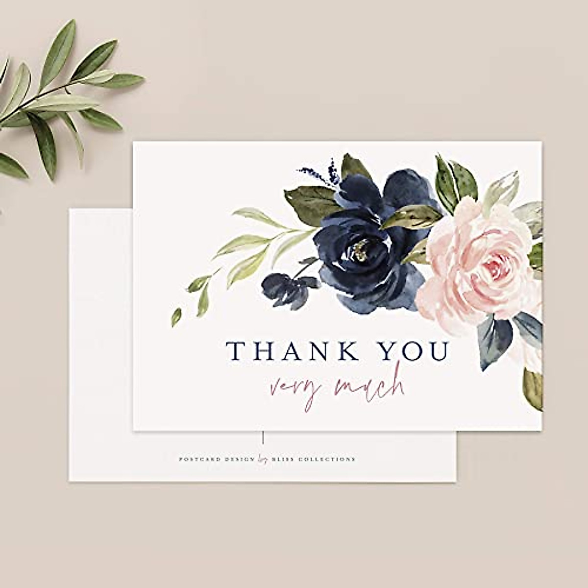 Bliss Collections Thank You Postcards, Navy Floral, Cards for Weddings, Receptions, Baby or Bridal Showers, Birthdays, Graduations, Parties, Celebrations or Special Events, 4"x6" (50 Cards)