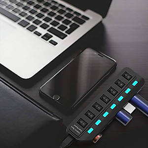USB Hub 3.0 Powered, Zouhi USB hub 7 Port 3.0 Data Hub Splitter with 5V/2A Power Adapter and with Individual On/Off Switches/Power LED / 3.3ft/1m Long Cable for Mac Pro, MacBook Pro and More
