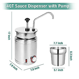 Restlrious Hot Fudge Dispenser with Temp Control, 4 QT Round Electric Nacho Cheese Warmer w/Stainless Steel Pot and Pump, Cheese Pump Station for Commercial Buffet, Cake Shop & Kitchen, 110V/200W