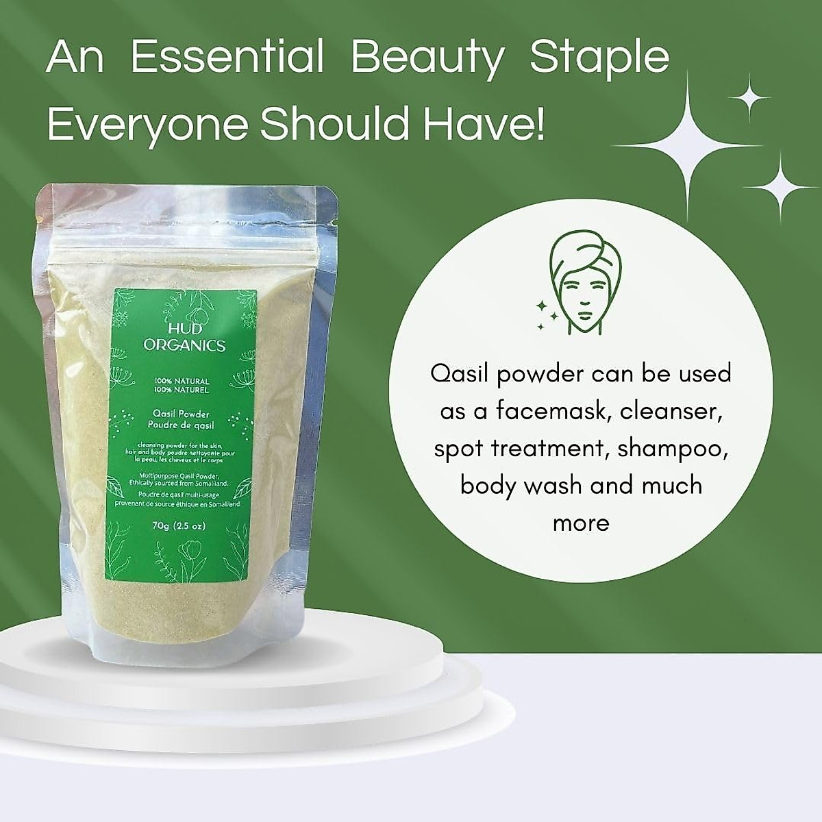 Hud Organics Qasil Powder 70 grams - Antient Somali Beauty Secret, Natural Multi-Purpose Deep Cleansing Mask for Face Hair Body Brightens Detoxifies Helps with Acne, Provides Clear Glowing Skin