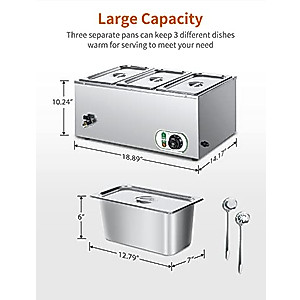 3- Pan Commercial Bain Marie Buffet Food Warmer Large Capacity 21 Quart Electric Steam Table 6'' Deep Stainless Steel Countertop Food Warmer for Parties, Catering and Restaurants