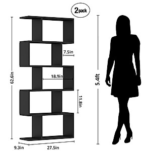 DIYART Black 5-Tier Geometric Bookcase, S-Shaped Modern Bookshelf Set of 2, 62.6" Tall Room Divider Book Shelf, Decorative Display Shelf