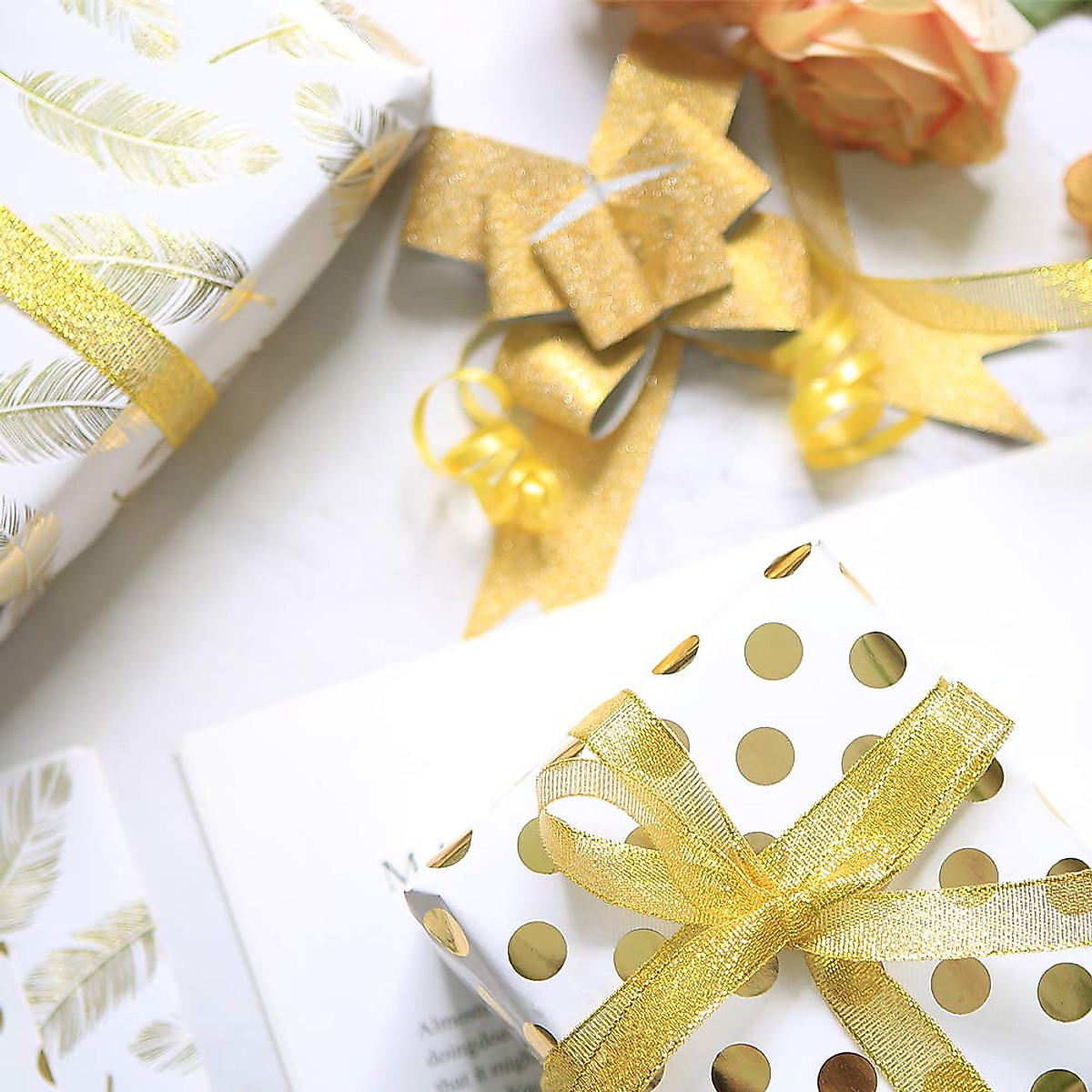 Gift Wrapping Supplies,8 Sheets White Gold Gift Wrapping Paper with 10 Pull Bows 24 Yard Glitter Ribbon and 12 Thank You Lable Sticker for Birthday Gift Wrap Christmas Gift Packing DIY Paper Craft