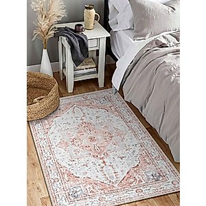 Lahome Boho Pink Rugs for Bedroom Girls, 3x5 Non Slip Carpet for Living Room, Washable Vintage Medallion Accent Throw Rugs with Rubber Backing Carpet for Entryway Kitchen Office Dining Room