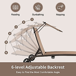 Giantex Outdoor Chaise Lounge Chair, Tanning Chair with Sunshade and Smooth Wheels, 6-Level Adjustable Position, Cup Holder, Metal Frame, Patio Chaise Lounge for Sunbathing, Yard, Poolside (1)