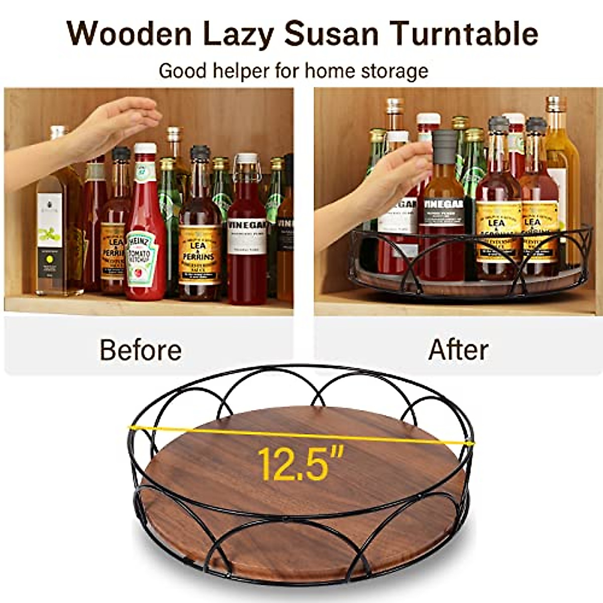 12.5" Wooden Lazy Susan Turntable, Kitchen Table Top Spice Organizer with Steel Frame, 360 Degree Rotating Lazy Susan Tray for Countertop, Cabinet, Dining Table, Bathroom