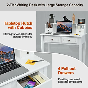 DMAITH Small Writing Desk with Hutch, 32 Inch Home Office Desk with Drawers, Study Table Computer Desk for Student, Vanity Makeup Dressing Table Save Space for Bedroom, White