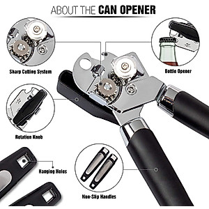 Can Opener Manual, Handheld Strong Heavy Duty Can Opener, Anti-slip Hand Grip, Stainless Steel Sharp Blade, Ergonomic and Easy to Use, with Large Turn Knob