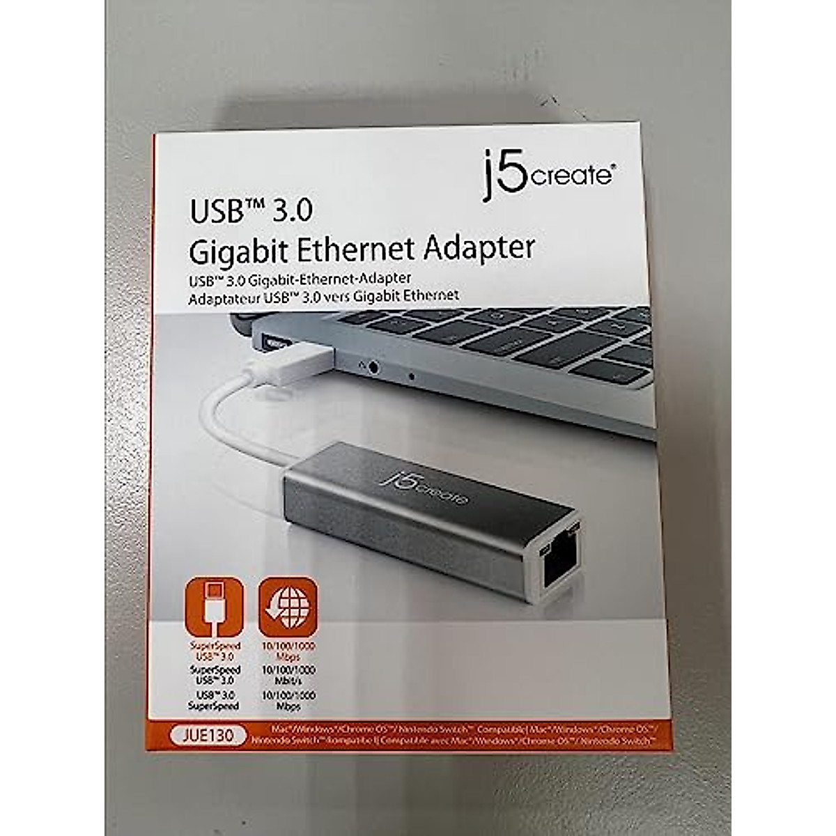 j5create USB 3.0 to RJ45 Gigabit Ethernet Adapter, 10/100/1000 Ethernet LAN Network Adapter for Mac, Windows 11/10/8.1/7, Chrome OS, Desktop, Laptop (JUE130)