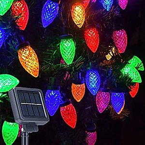 Outdoor Solar Christmas Lights C9 Strawberry String Lights, 31ft 50 LED Solar Garden Christmas Fairy Lights For Christmas Tree Backyard Window Railing Deck Camping Chicken Coop, Multicolor 8 Modes