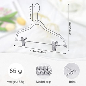 Hoolerry 10 Pcs Clear Hangers with Clips Acrylic Glitter Hangers 17 x 8 Inches Plastic Skirt Pants Hangers with Non Slip Notches Adjustable Clips Coat Hanger for Clothes Skirt Trousers Jeans (Silver)
