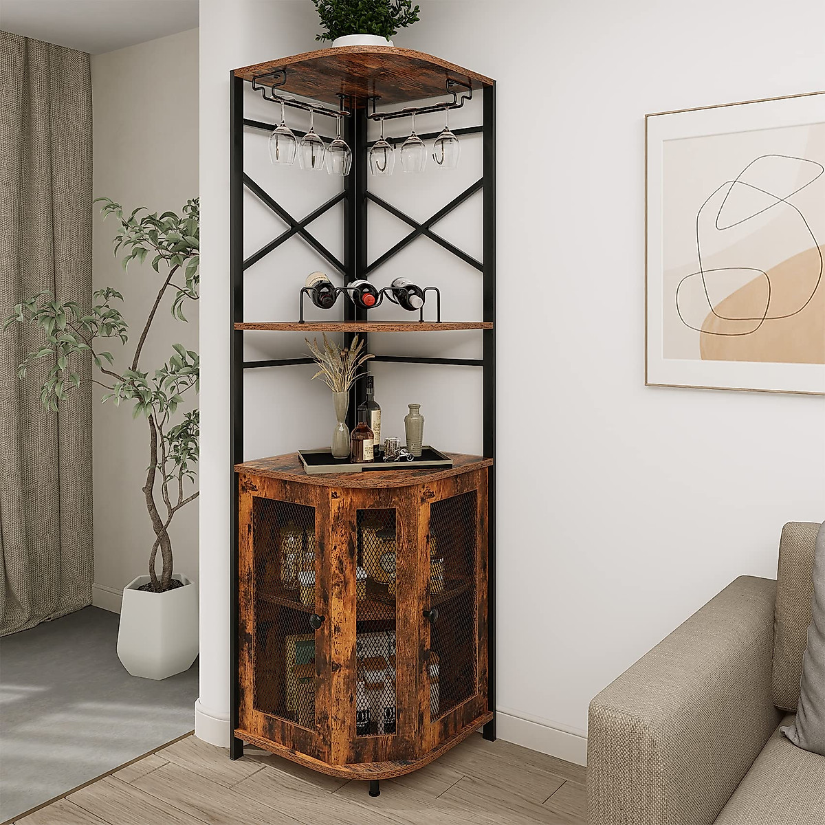 Osfvolr Bar Cabinet w/Wine Rack and Glass Holder, Corner Cabinet with Mesh Door, Corner Bar Cabinet with Adjustable Shelf, Liquor Cabinet Bar for Home, Rustic Brown