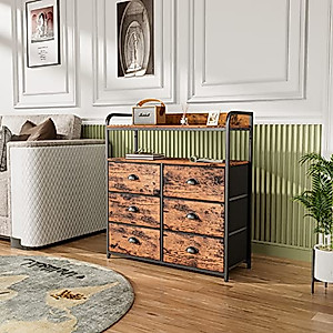 Furologee 6 Drawer Dresser Fabric,Double Shelf,Closet Organizer Storage Tower Unit for Bedroom, Living Room Entryway, Rustic Bins, Sturdy Metal Frame