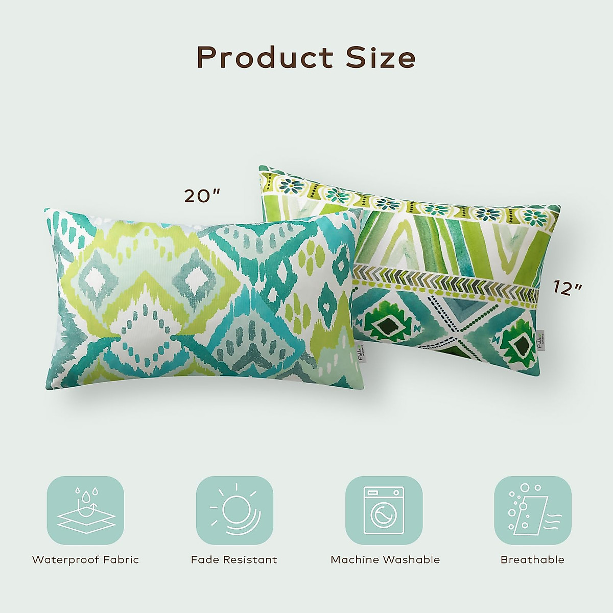 Ashler Boho Lumbar Outdoor Pillows, Turquoise/Green 12x20 Pillow Covers, Outdoor Pillows Waterproof Set of 2, Pillow Case for Patio, Couch, Water Resistant Indoor Outdoor Spring Summer Decorative