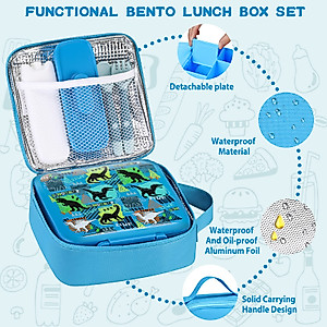 JXXM Bento Lunch Box for Kids With 8oz Soup thermo,Leak-proof Lunch Containers with 5 Compartment,thermo Food Jar and Lunch Bag, Food Containers for School (A-Blue(Dinosaur))