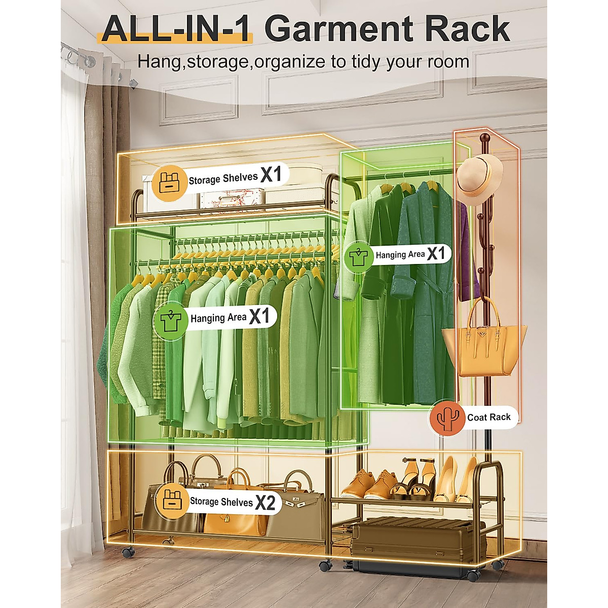 FYBEE 3-In-1 Clothes Racks For Hanging Clothes with Coat Rack, Heavy Duty Clothing Rack with Shelves Load 620Lbs, Portable Garment Racks with Lockable Wheels, Multi-Functional Closet Rack For Bedroom