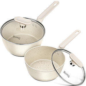 MICHELANGELO Sauce Pan, Nonstick Granite Sauce Pan Set with Lids 1.5 Quart & 2.5 Qaurt, Small Pot Set with Lids, Nonstick Saucepans with Lid, Stone Pot Set - White