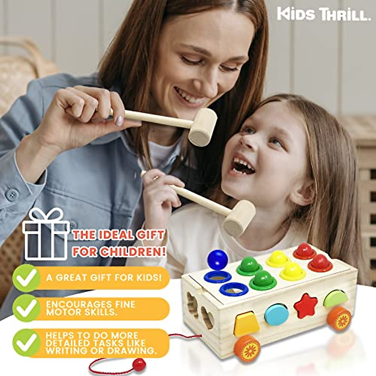 KIDSTHRILL 22 Pcs Set Wooden Shape Sorter Toy for Toddlers, & Pound A Ball Toy 12 Shapes 8 Balls 2 Hammers Montessori Gift Toys for 2 3 4 Years Old Boys & Girls Fine Motor Skills Toddler Toy
