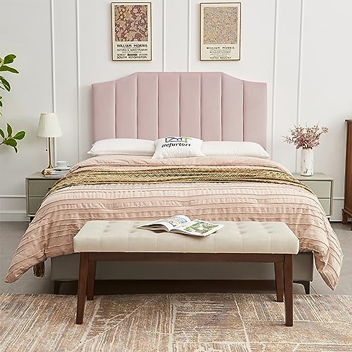 Befurtori Velvet Upholstered Queen Headboard, Tufted Headboard for Queen/Full, Modern Vertical Channel Design with Curved Tufted Solid Wood Head Board and Luxury Soft Padded, Pink