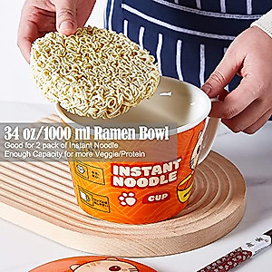TOPWCK 34oz Large Microwavable Ceramic Ramen Bowl with Lid, Handle, Chopsticks, Cute Anime Japanese Instant Noodle Cooker Soup Bowl, Gift for Teens Kids (Cat)