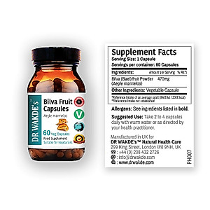 DR WAKDE'S Bilva Fruit Capsules (Bael Fruit | Aegle marmelos) | 60 Veg Caps | Ayurvedic Supplement | Vegan | 100% Herbal | Quantity Discounts| Same Day Dispatch