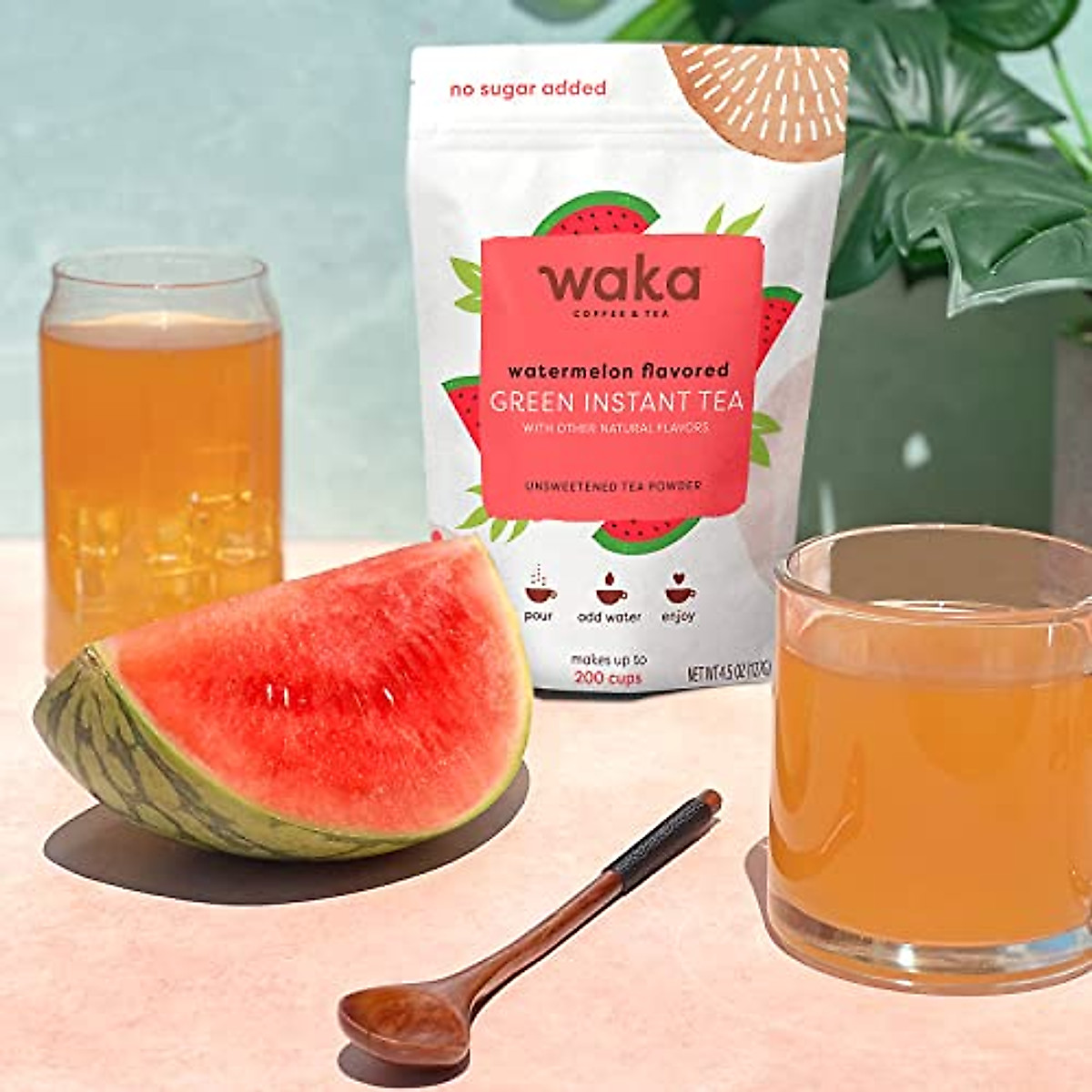 Waka Quality Instant Tea — No Sugar Added & Unsweetened Watermelon Flavored Green Tea Powder — 100% Tea Leaves — 4.5 oz Bulk Bag