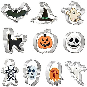 Crethinkaty 10 Pieces Halloween Cookie Cutters Set for Baking - Ghost,Bat,Cat,Gingerbread Man,Pumpkin,Skull,Round and Witch's Hat Shape Stainless Steel Holiday Biscuit/Pastry Cutter