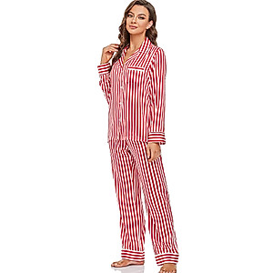 Serenedelicacy Women's Satin Pajama Set Long Sleeve Button Down Sleepwear 2-Piece Striped Silky Pj Set (Medium, Red, Striped)