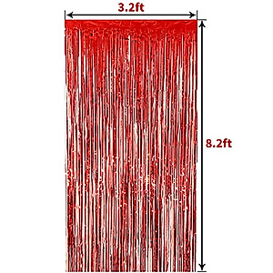 2 Pack 3.2 ft x 8.2 ft Red Tinsel Foil Fringe Curtains Backdrop, Sparkle Fringe Curtains for Party Photo Background Decoration