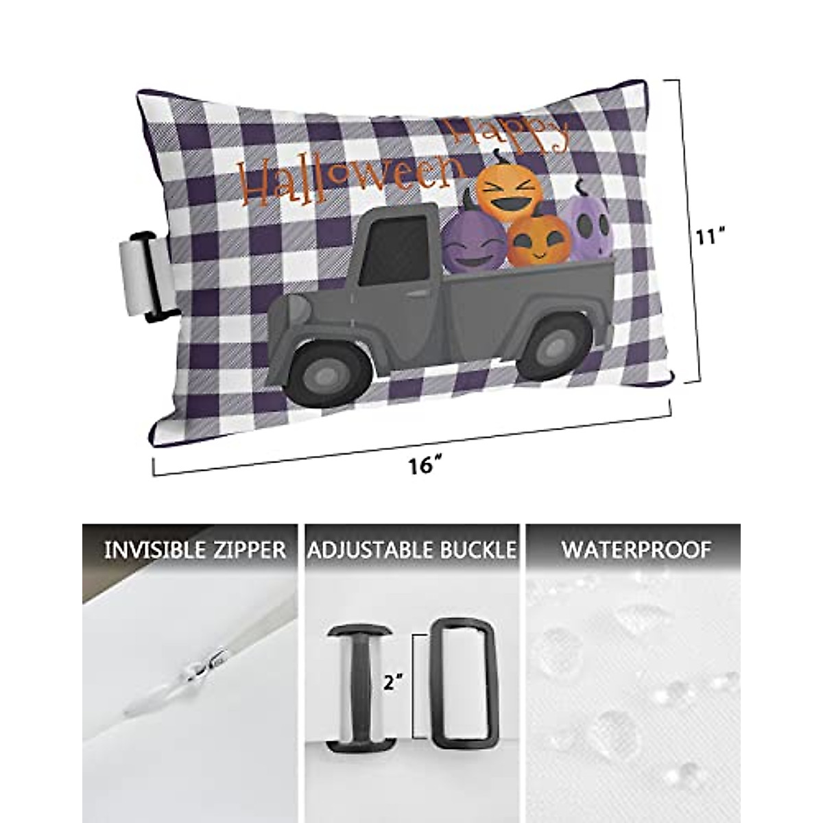 Recliner Head Pillow Ledge Loungers Chair Pillows with Insert Funny Pumpkin Black Truck Purple Plaid Lumbar Pillow with Adjustable Strap Outdoor Waterproof Patio Pillows for Beach Pool Chair, 2 PCS
