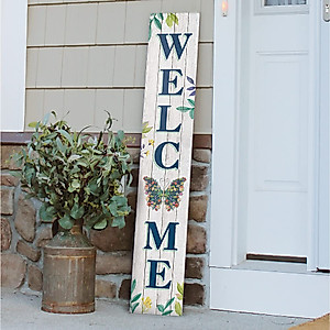My Word! Welcome w/Flower Butterfly - Tall Outdoor Welcome Sign / Porch Leaner for Front Door, 46.5" Welcome Sign for Standing Front Porch Decor - Tall Vertical Rustic Farmhouse Home Decor Welcome Porch Sign, Spring Summer Porch Decor