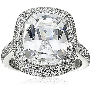 MORGAN & PAIGE Platinum Plated Sterling Silver Cushion Cut Cubic Zirconia Halo Statement Cocktail Ring, Size 6