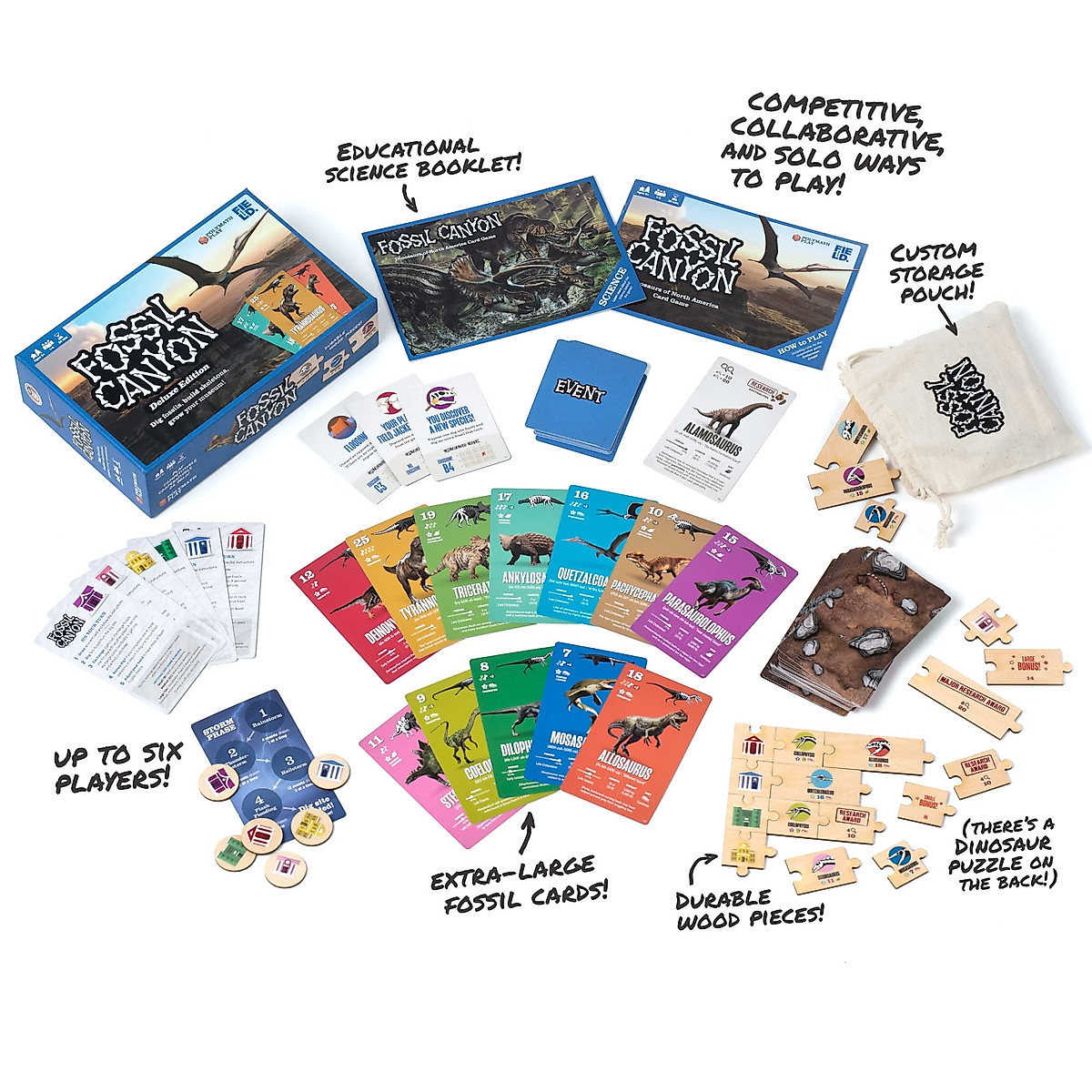 Fossil Canyon Deluxe Edition | Dinosaur Paleontology Family Game | Play Competitively, Cooperatively, or Solo | 1-6 Players, Ages 6 and Up | Field Museum Science Booklet Included